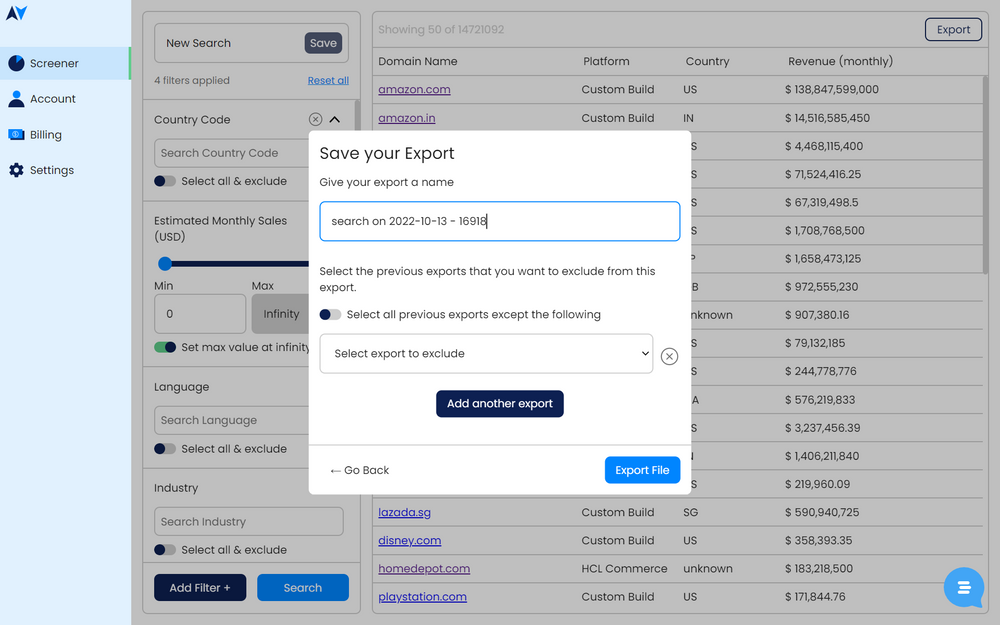 Screenshot of the Export Pop-up Page 2